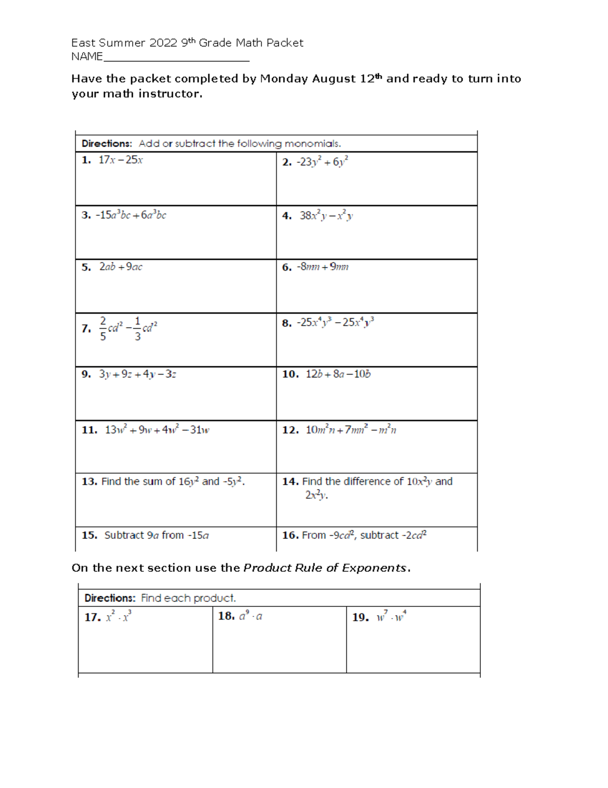 Algebra I Summer Packet - NAME_____________________ Have the packet ...