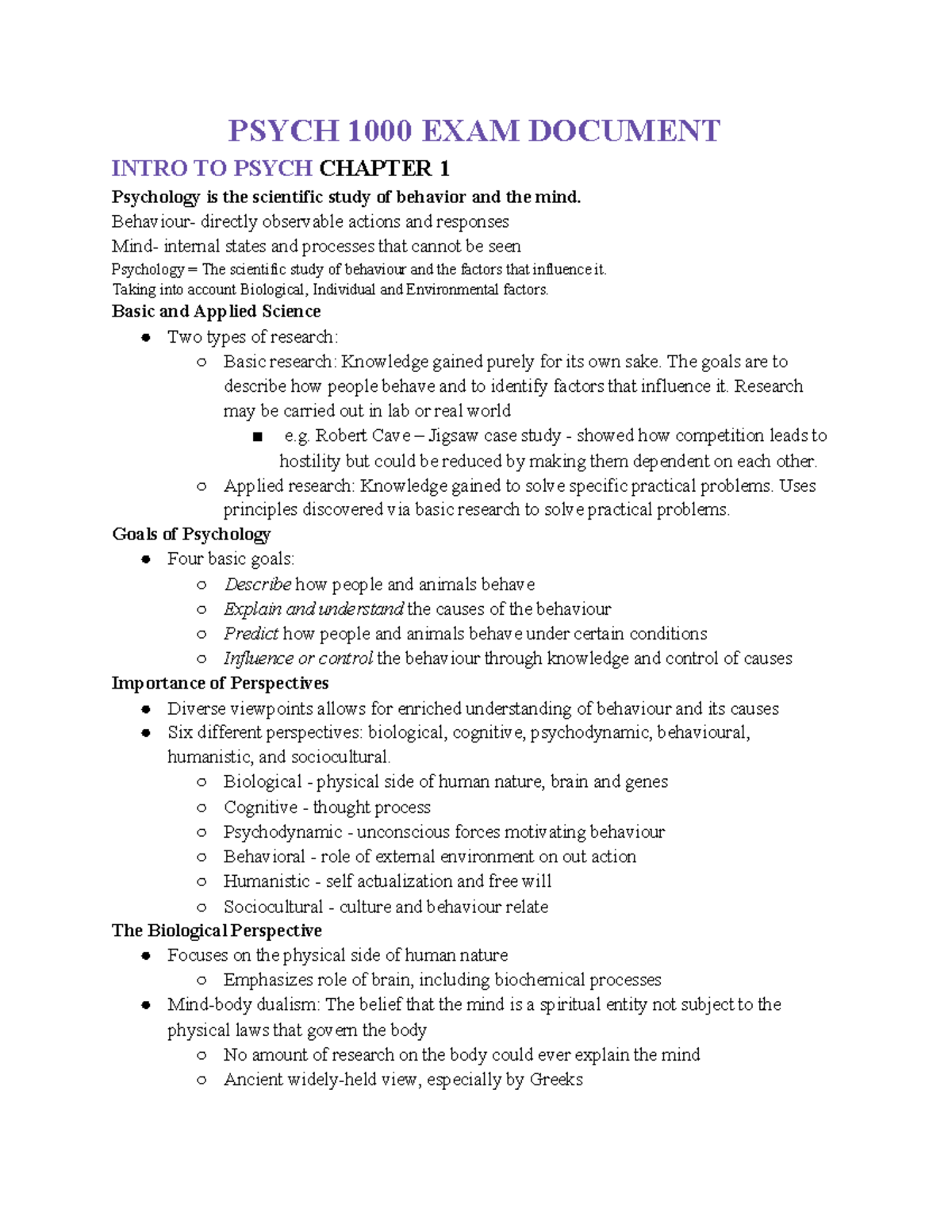 Psych 1000 EXAM Document - PSYCH 1000 EXAM DOCUMENT INTRO TO PSYCH ...