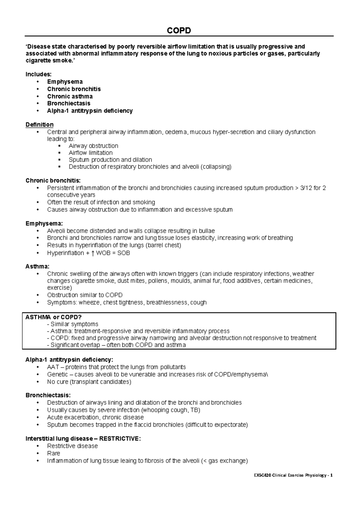 UOW EXSC420 - COPD Notes - EXSC420 Clinical Exercise Physiology -­‐ 1 ...