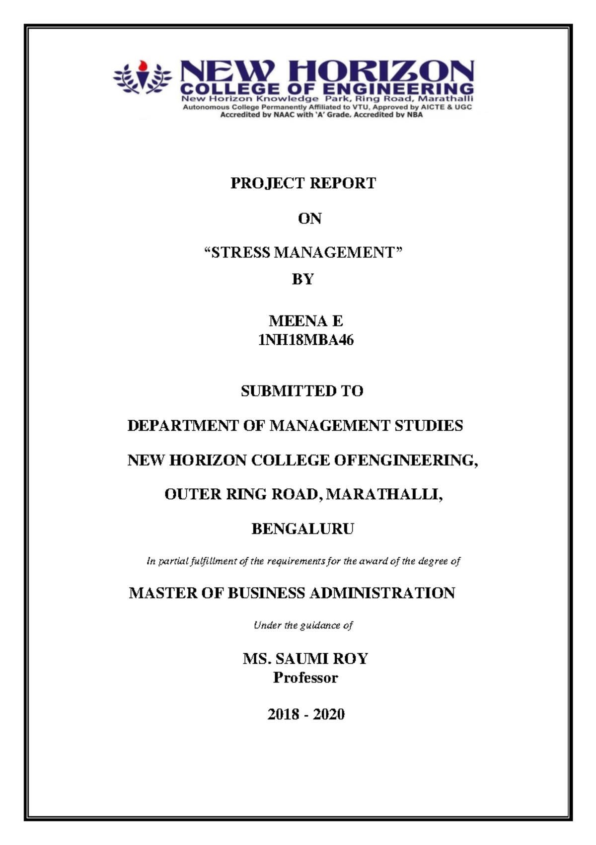 Stress - PROJECT REPORT ON “STRESS MANAGEMENT” BY MEENA E 1NH18MBA ...