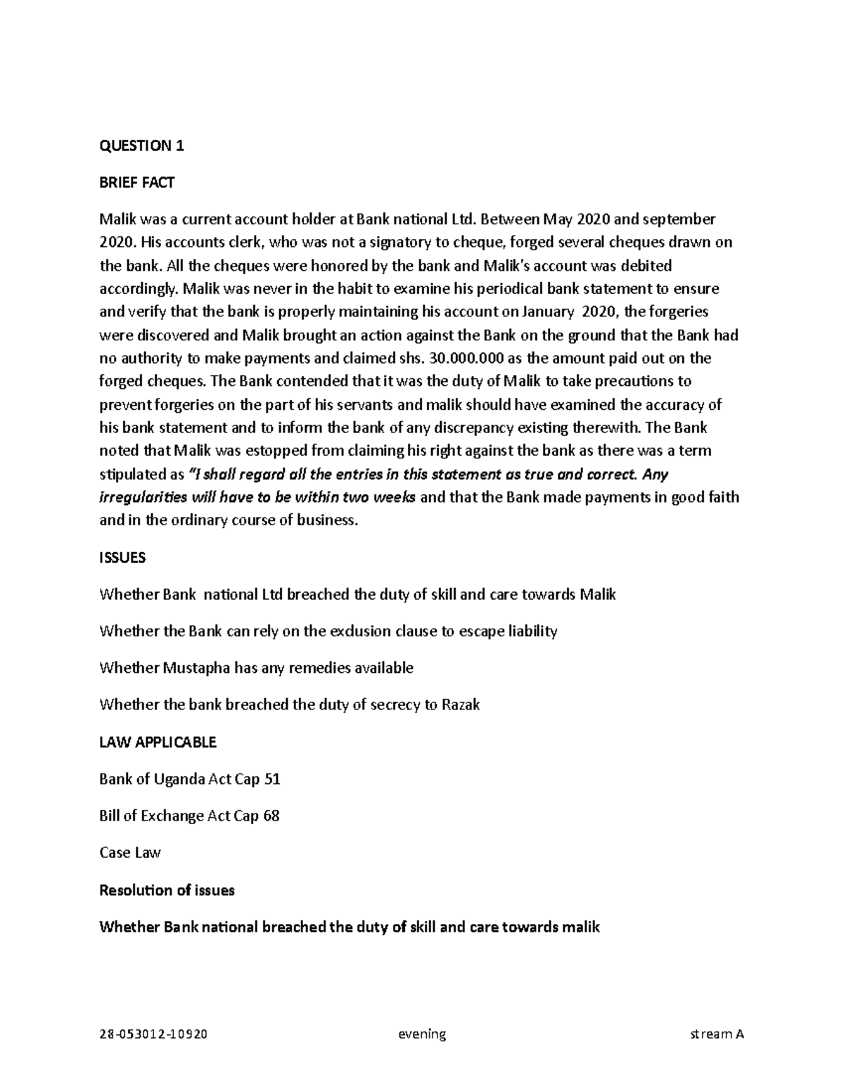 Banking notes on banker- customer relationship - QUESTION 1 BRIEF FACT ...