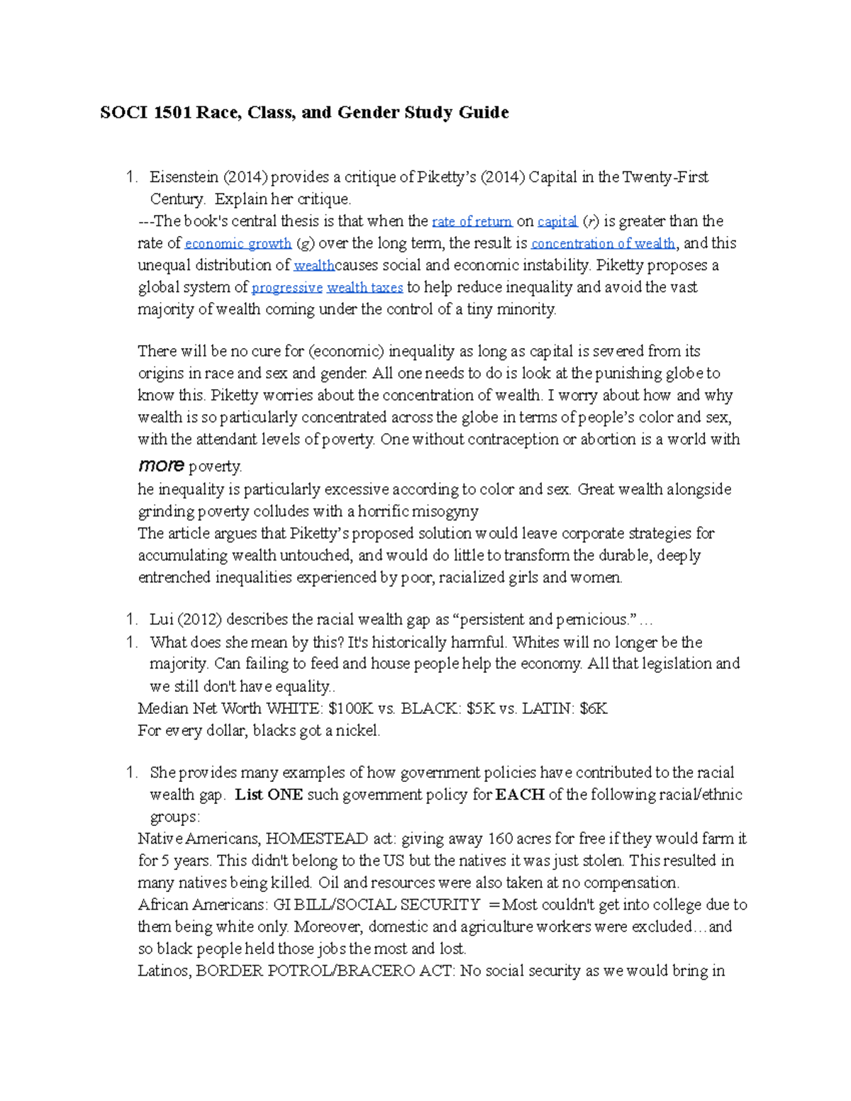 Race, Class, and Gender Final Notes - SOCI 1501 Race, Class, and Gender ...