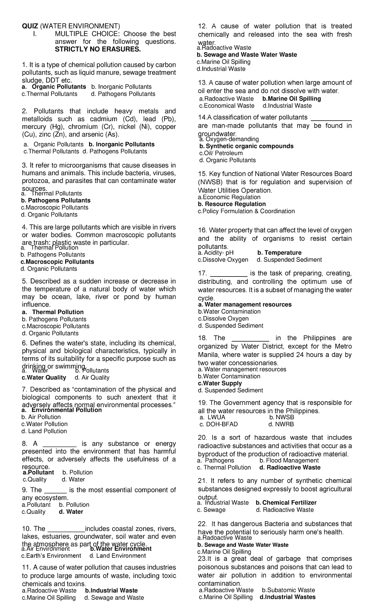 Environmental science - QUIZ (WATER ENVIRONMENT) I. MULTIPLE CHOICE ...