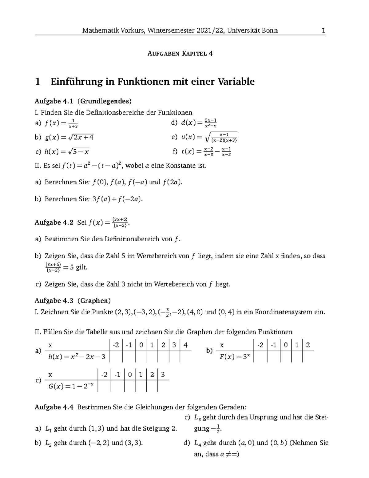 Aufgabenblatt Kapitel 4 - AUFGABEN KAPITEL 4 1 Einführung in Funktionen ...