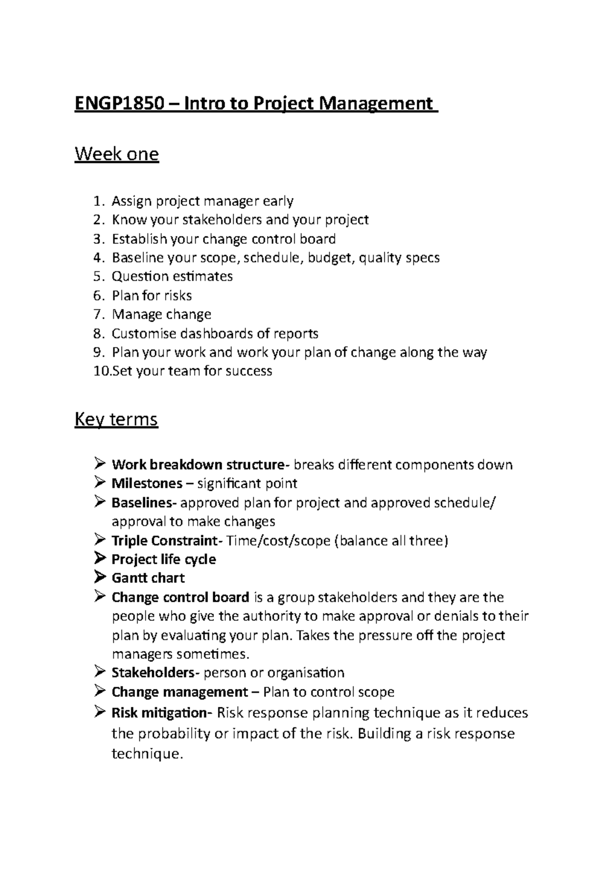 ENGP1850 notes - ENGP1850 Intro to Project Management Week one 1 ...