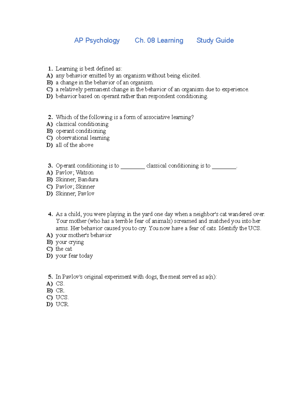 Ch08 Learning - Management-Psychology - AP Psychology Ch. 08 Learning ...