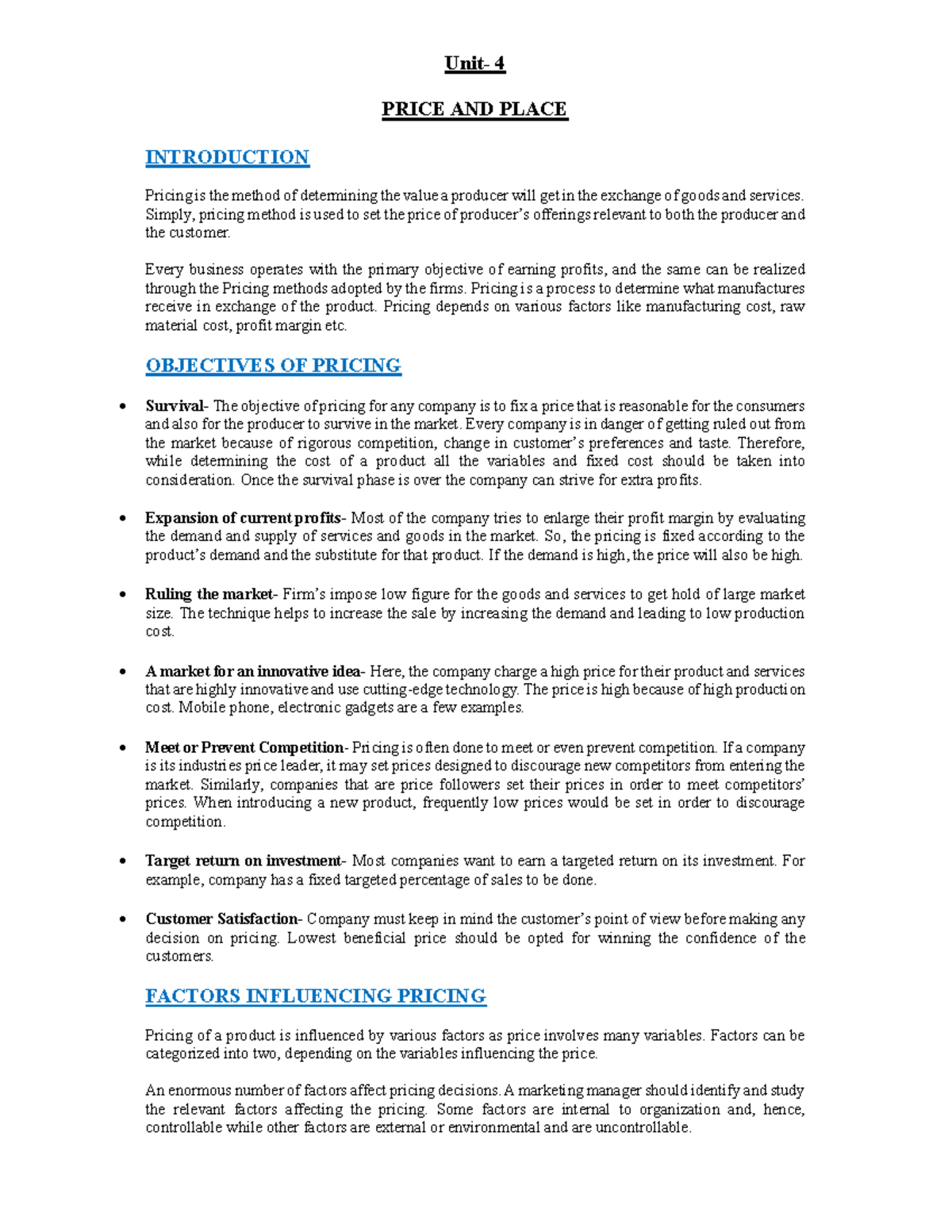 Unit4 - Marketing - Unit- 4 PRICE AND PLACE INTRODUCTION Pricing is the ...