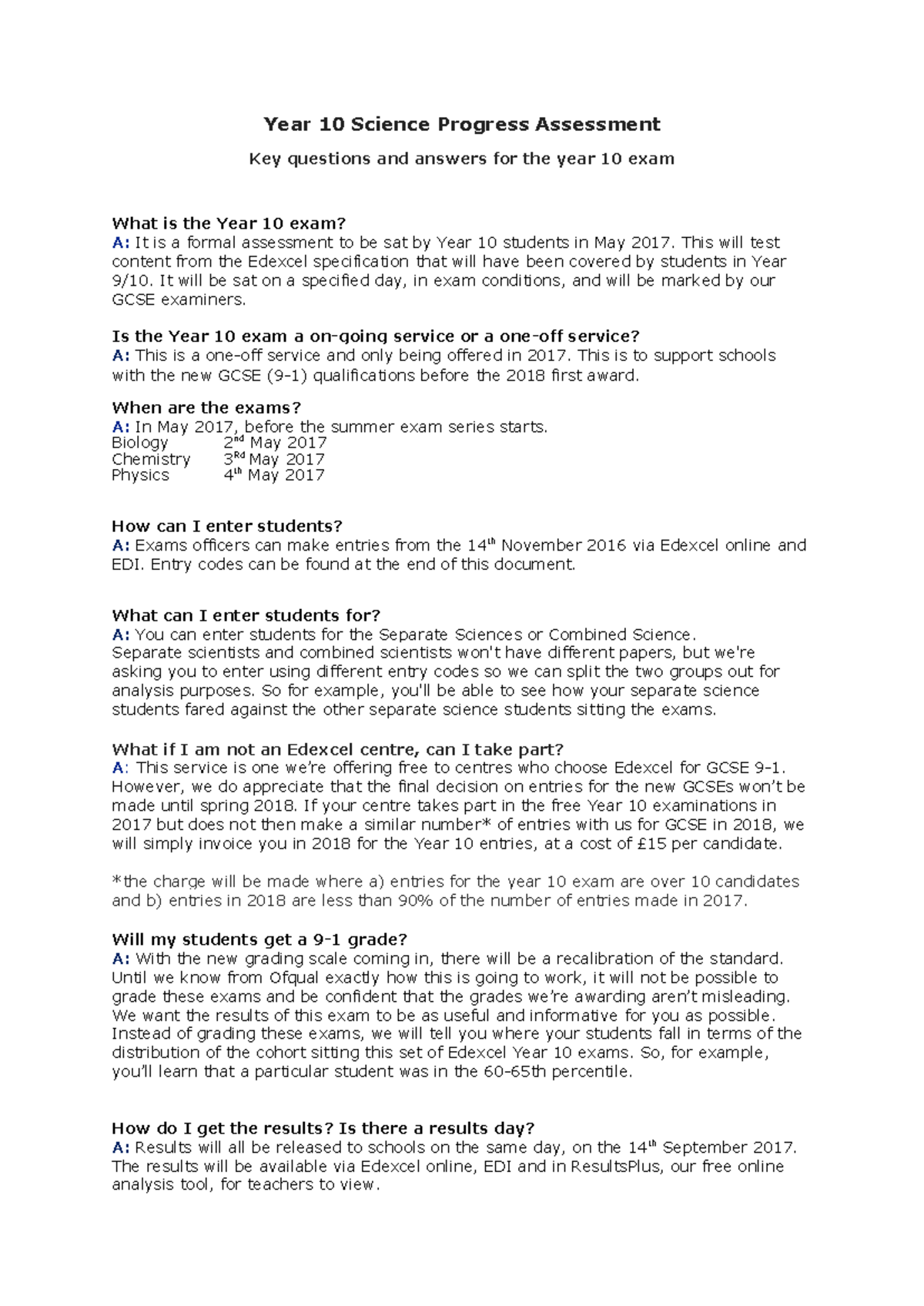 GCSE Science Year 10 exam FAQs - Year 10 Science Progress Assessment ...