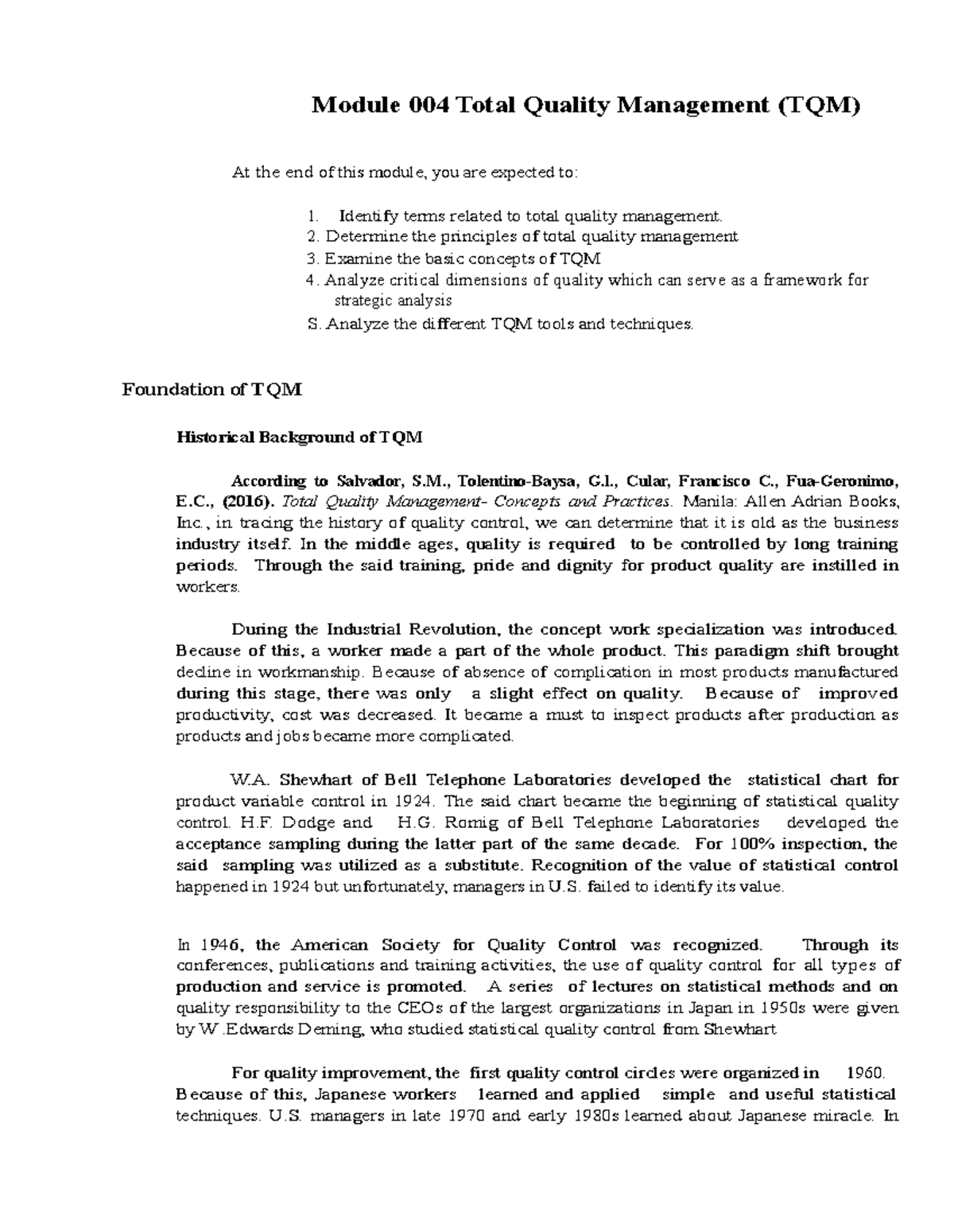 TQM W5 - Tqm - Module 004 Total Quality Management (TQM) At the end of ...