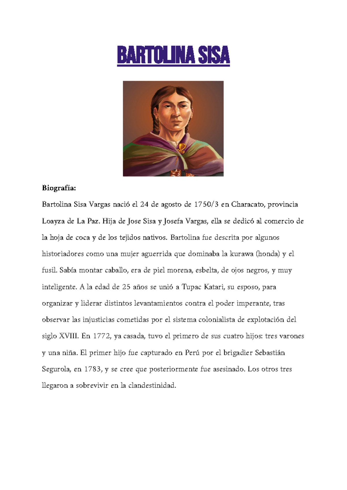 Bartolina Sisa (Camila Alvarez) - Bartolina Sisa Biografía: Bartolina ...