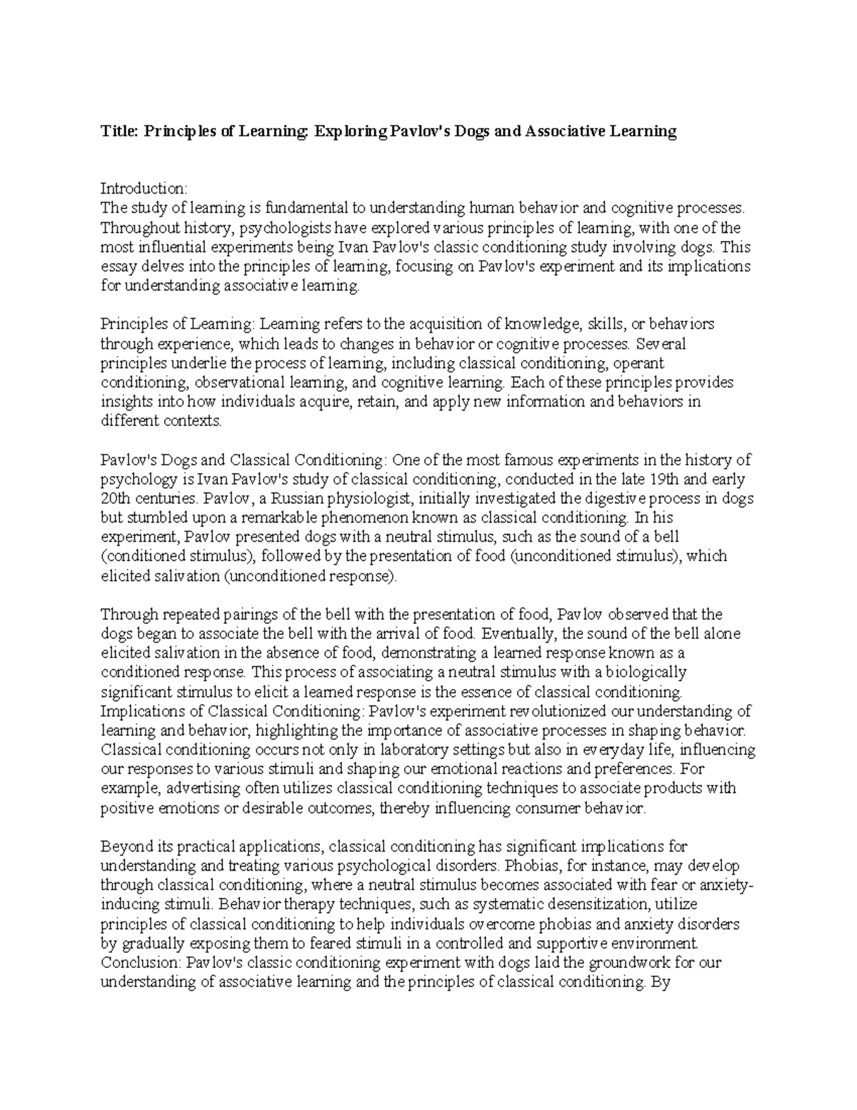 Principles of learning essay - Title: Principles of Learning: Exploring Pavlov's Dogs and - Studocu