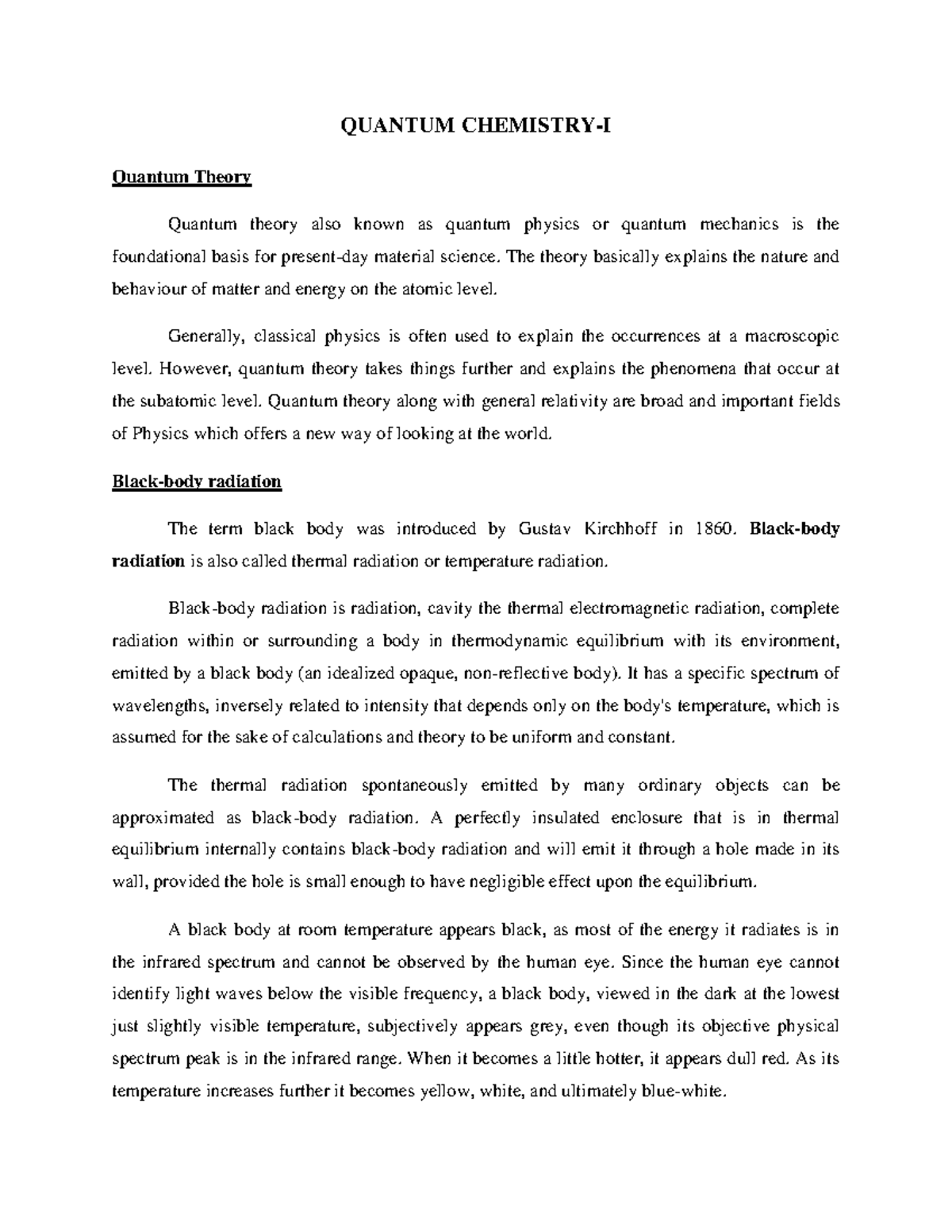I PG notes - nil - QUANTUM CHEMISTRY-I Quantum Theory Quantum theory ...