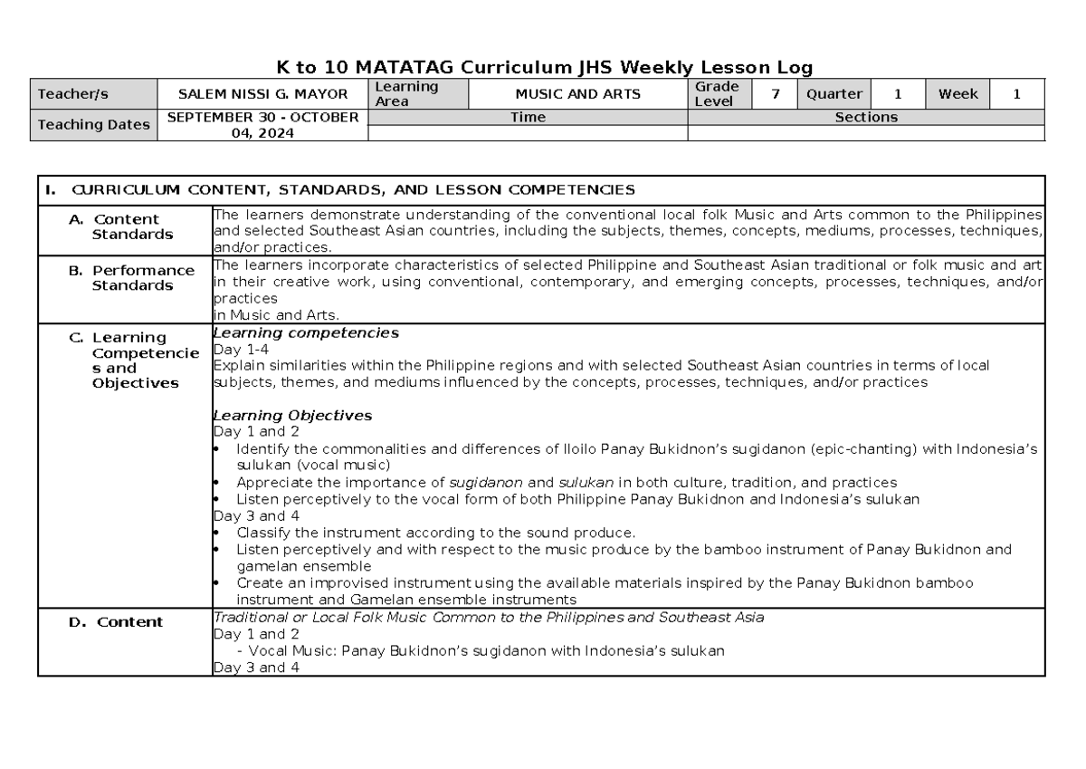 DLL Matatag WEEK 1 M&A Q2 - K to 10 MATATAG Curriculum JHS Weekly ...