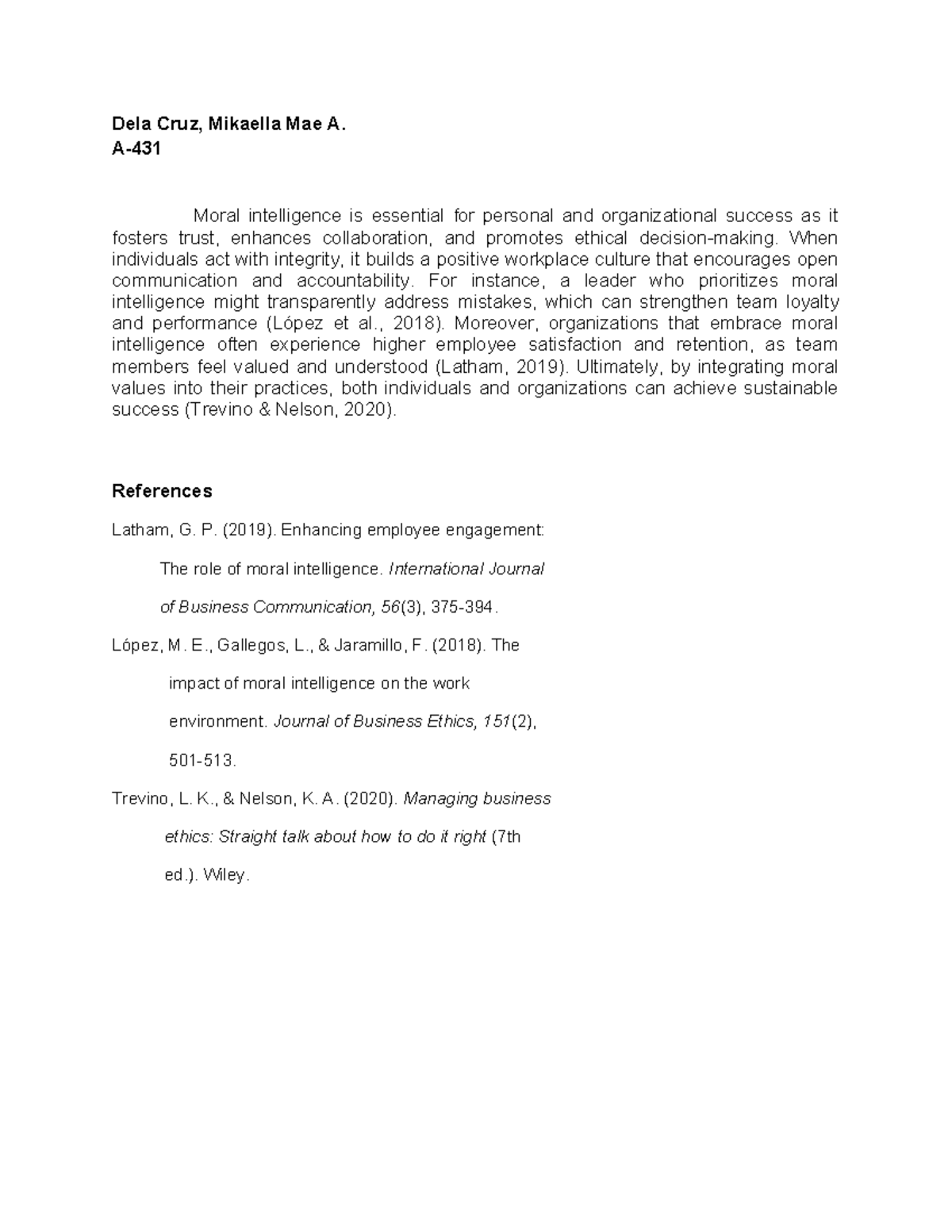A431 Del a Cruz, Mik a ell a M a e A - Dela Cruz, Mikaella Mae A. A- Moral intelligence is ...