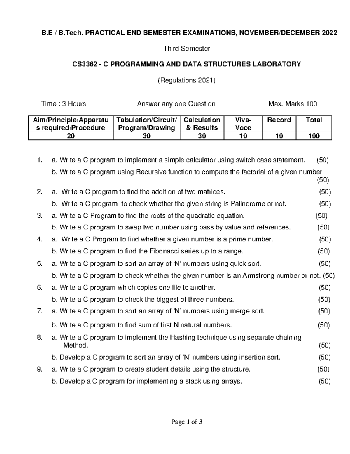 CS3362-SET2 - Lab questions - Page 1 of 3 B / B. PRACTICAL END SEMESTER EXAMINATIONS, - Studocu