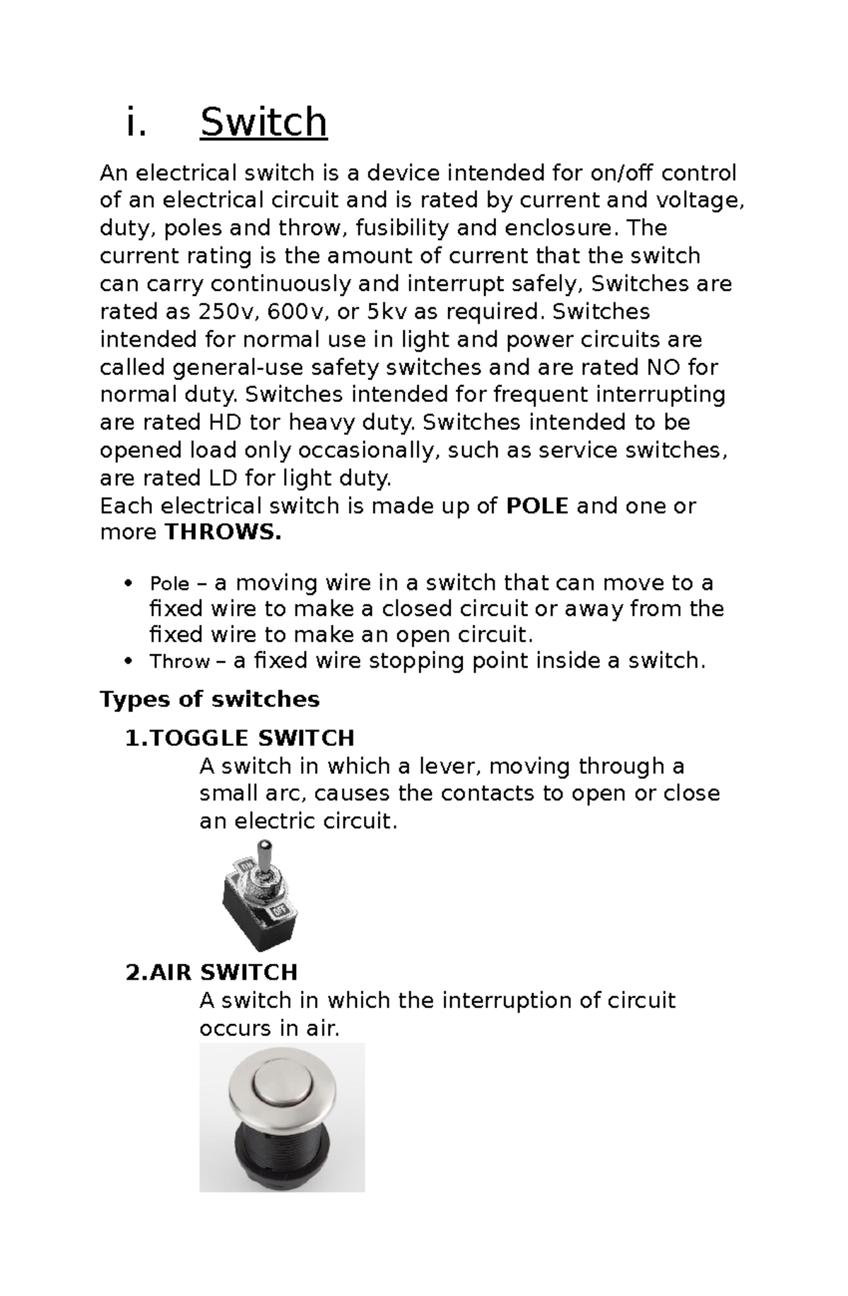 Rsw pr 02 A switch - Lecture notes 2 - i. Switch An electrical switch ...