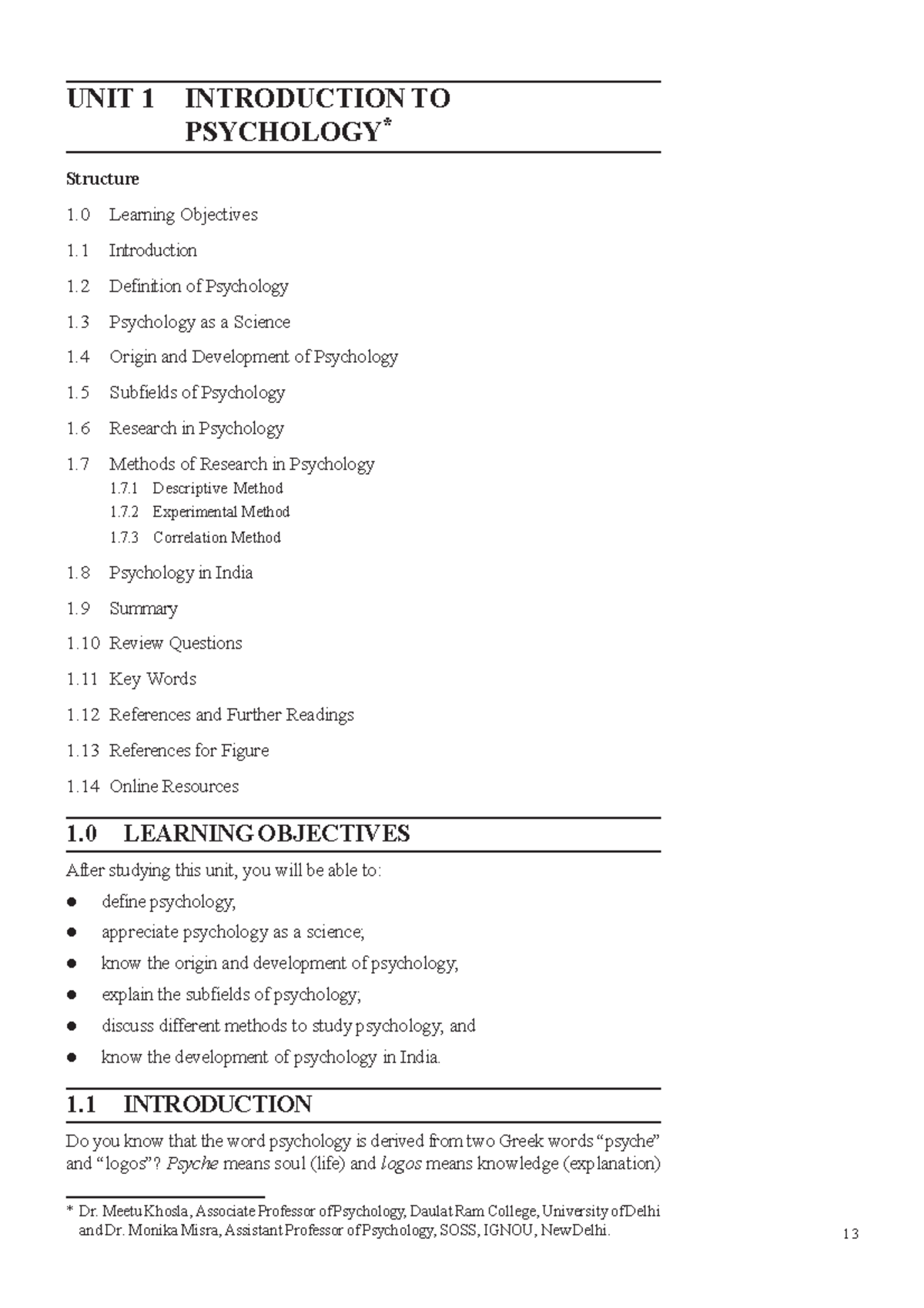 Psychology as science class 2 - UNIT 1 INTRODUCTION TO PSYCHOLOGY* Structure 1 Learning ...