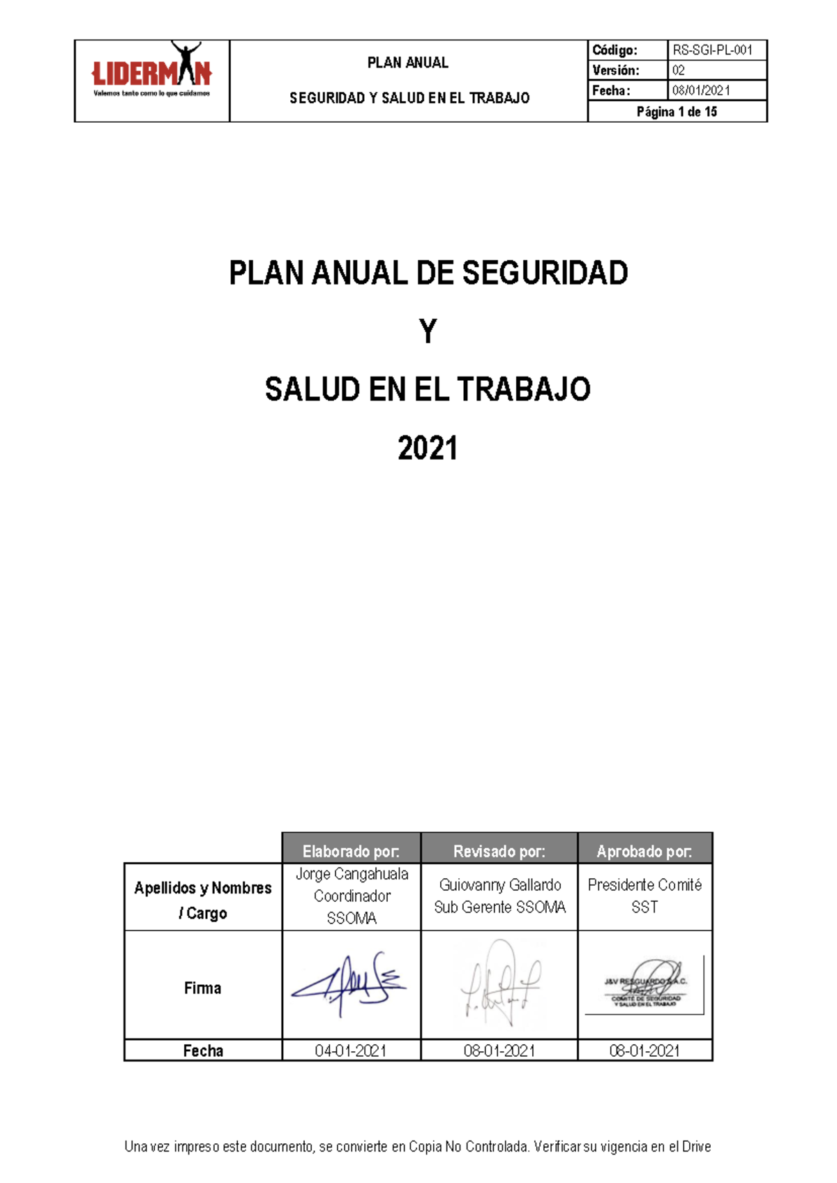RS-SGI-L-001 Plan Anual de Seguridad y Salud en el Trabajo 2021 - PLAN ANUAL SEGURIDAD Y SALUD ...