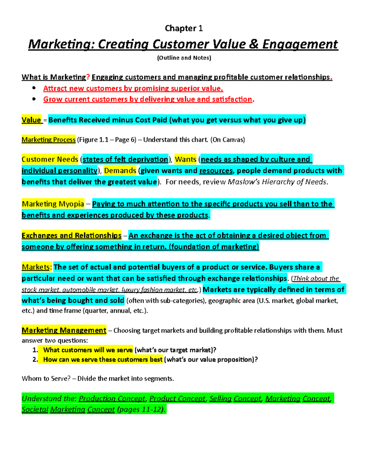 MKT340 - Chapter 1 Outline - Chapter 1 Markeing: Creaing Customer Value ...