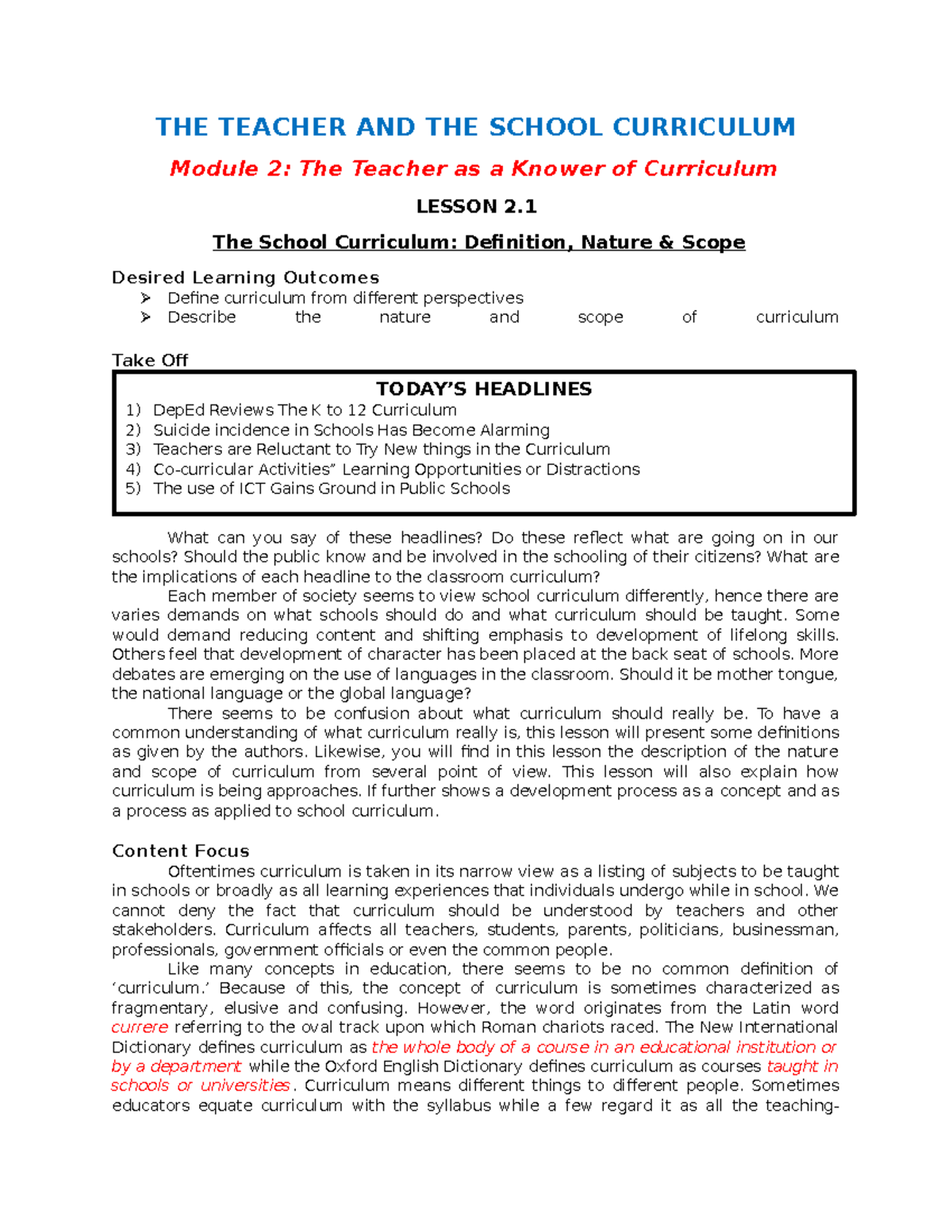 The Teacher and the School Curriculum - Module 2 - THE TEACHER AND THE ...