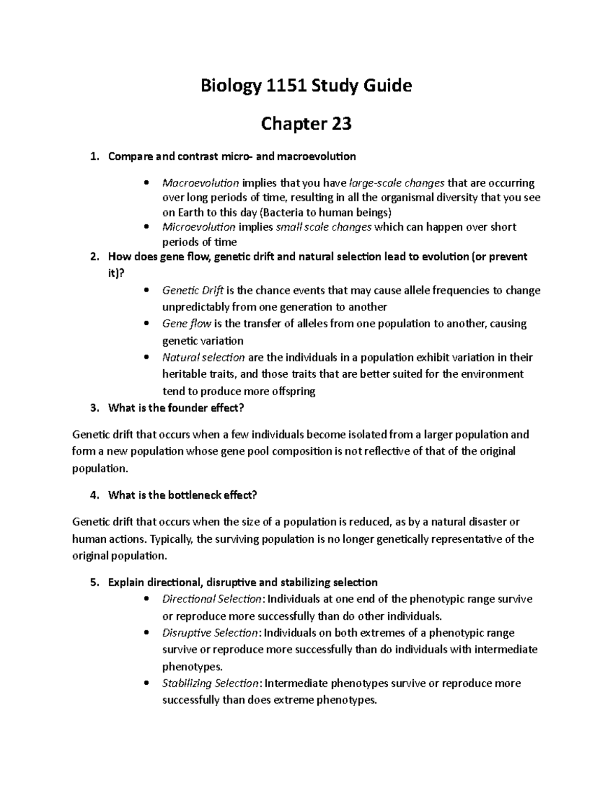 Chapter 23 Study Guide copy - Biology 1151 Study Guide Chapter 23 1 ...