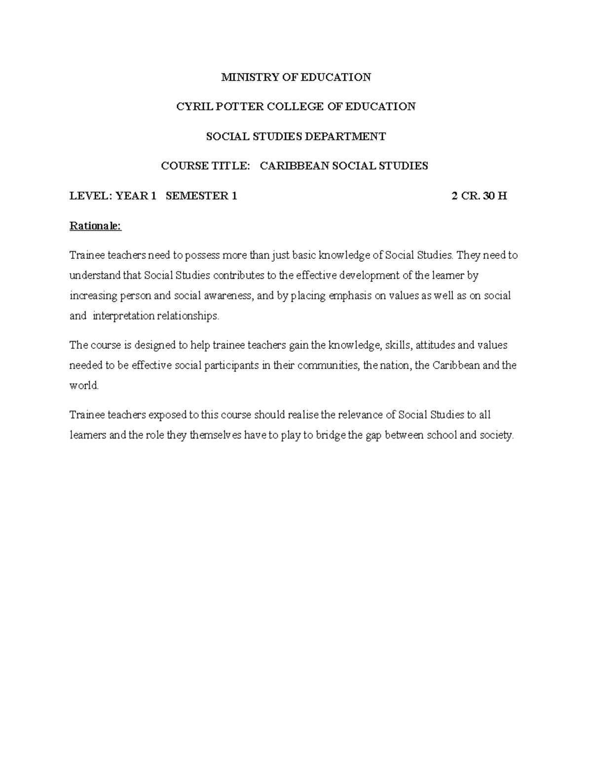 Caribbean Social Studies course outline - MINISTRY OF EDUCATION CYRIL ...