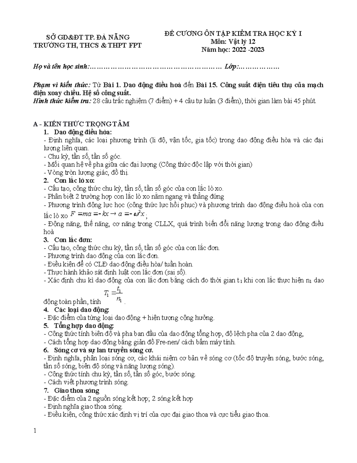 De Cuong Cuoi Hoc Ki 1 VL12 2022 Dap An Tham Khao - SỞ GD&ĐT TP. ĐÀ NẴNG TRƯỜNG TH, THCS & - Studocu