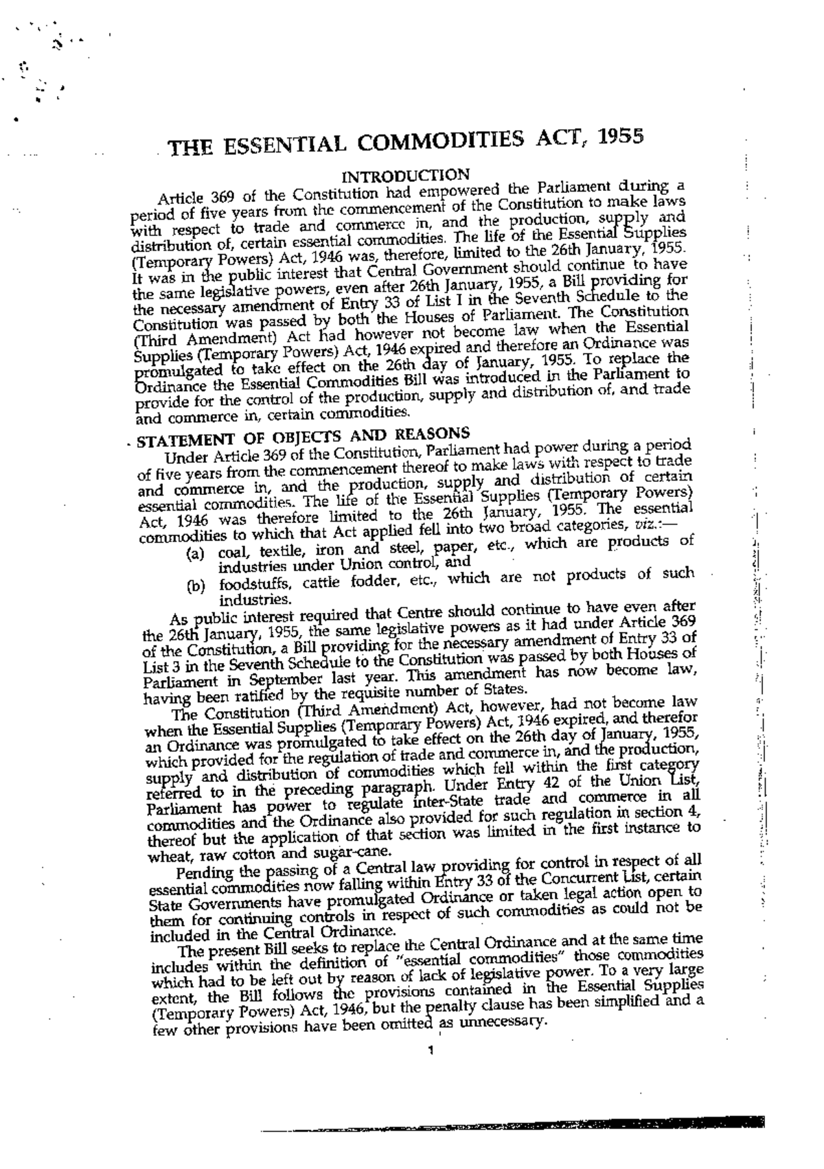 Act5 - Notes - THE ESSENTIAL COMMODITIES ACT, 1955 INTRODUCTION Article ...