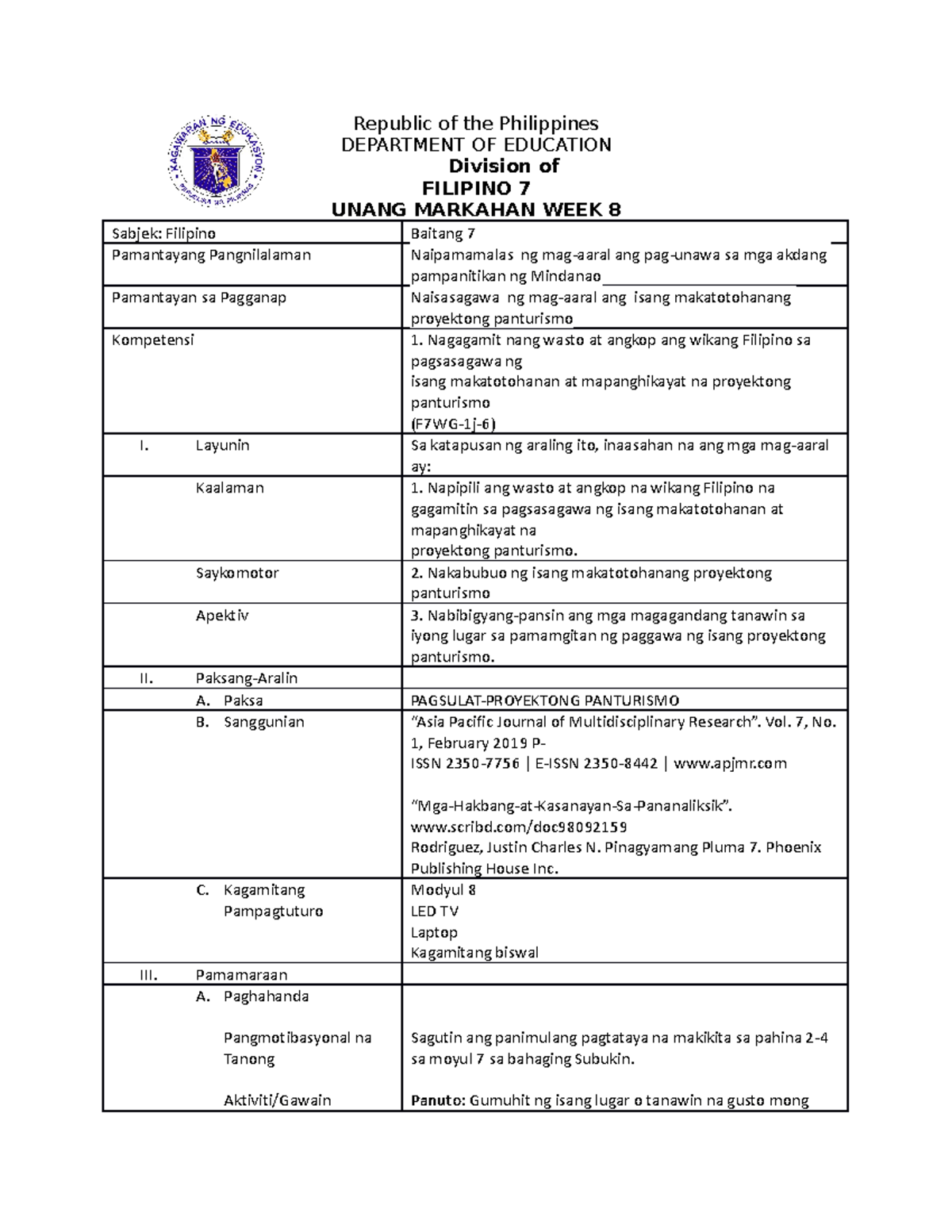 Filipino 7 WEEK8 - None - Republic of the Philippines DEPARTMENT OF ...