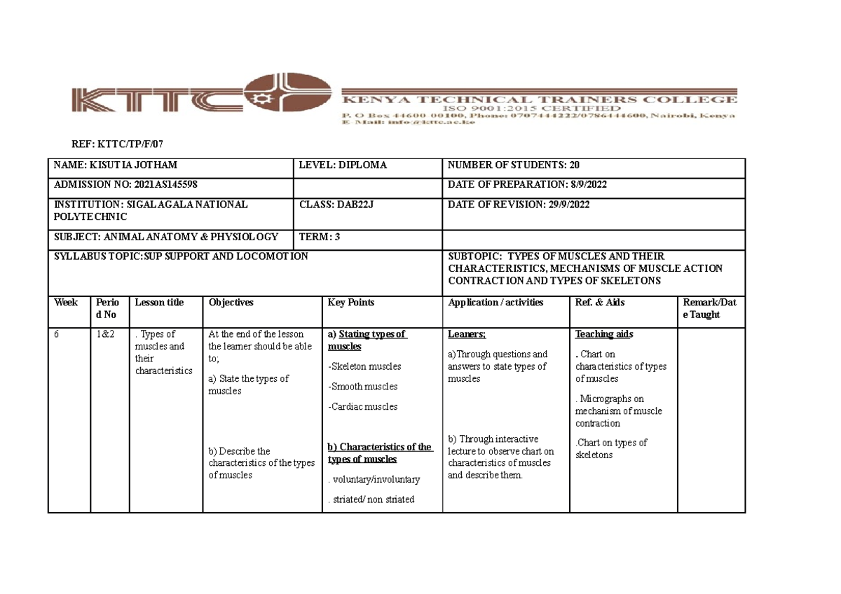 Revised Schemes AND Lesson PLAN FOR animal anatomy and physiology ...