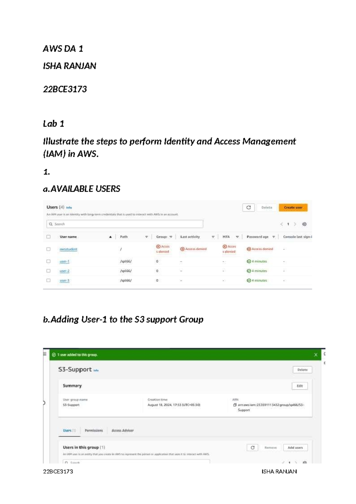AWS DA1ISHA - aws da - AWS DA 1 ISHA RANJAN 22BCE Lab 1 Illustrate the ...