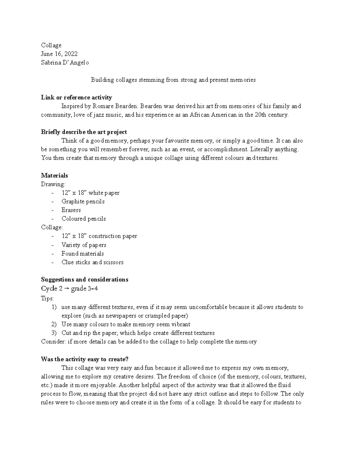Media Pres One Page Summary - Collage June 16, 2022 Sabrina D’Angelo ...