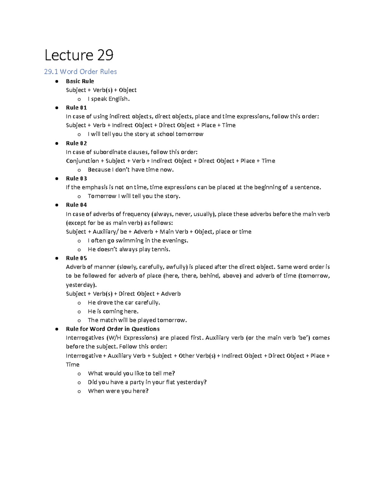 Hum102 Handouts Lecture 29 Lecture 29 29 Word Order Rules Basic Rule Subject Verb S