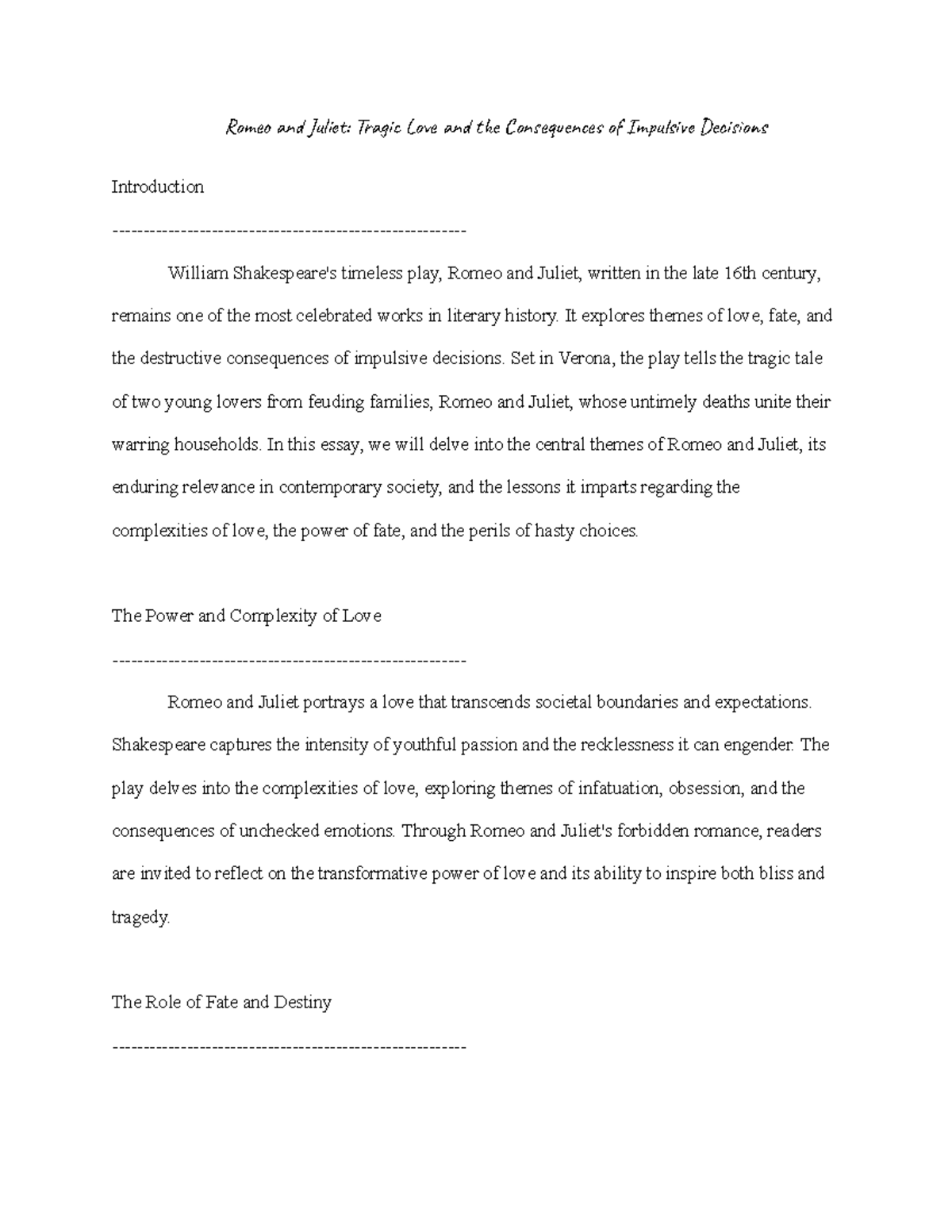 Romeo and Juliet Tragic Love and the Consequences of Impulsive ...