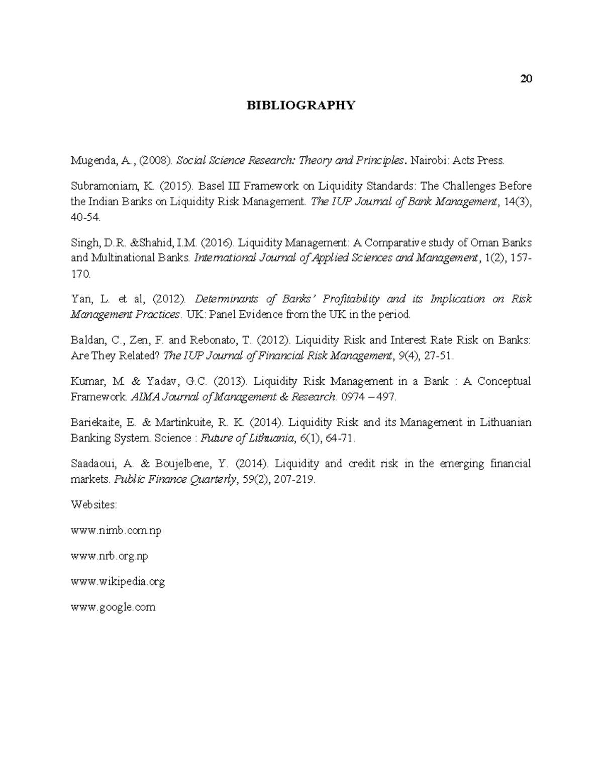 Bibliography - 20 BIBLIOGRAPHY Mugenda, A., (2008). Social Science ...