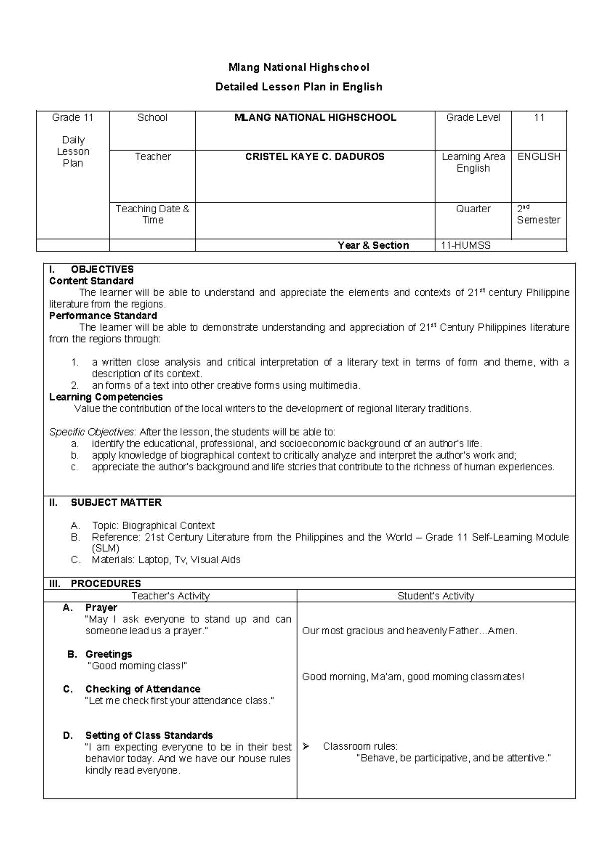 Cristel-LP - lesson plan - Mlang National Highschool Detailed Lesson Plan in English Grade 11 ...
