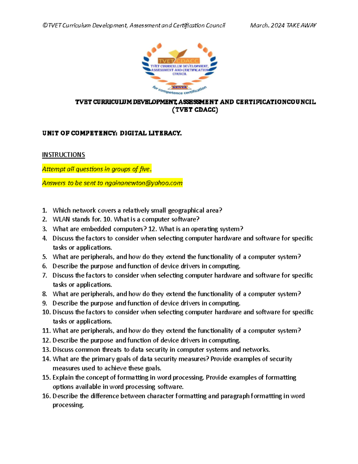 DL CAT - DIGITAL LITERACY CAT - ©TVET Curriculum Development ...