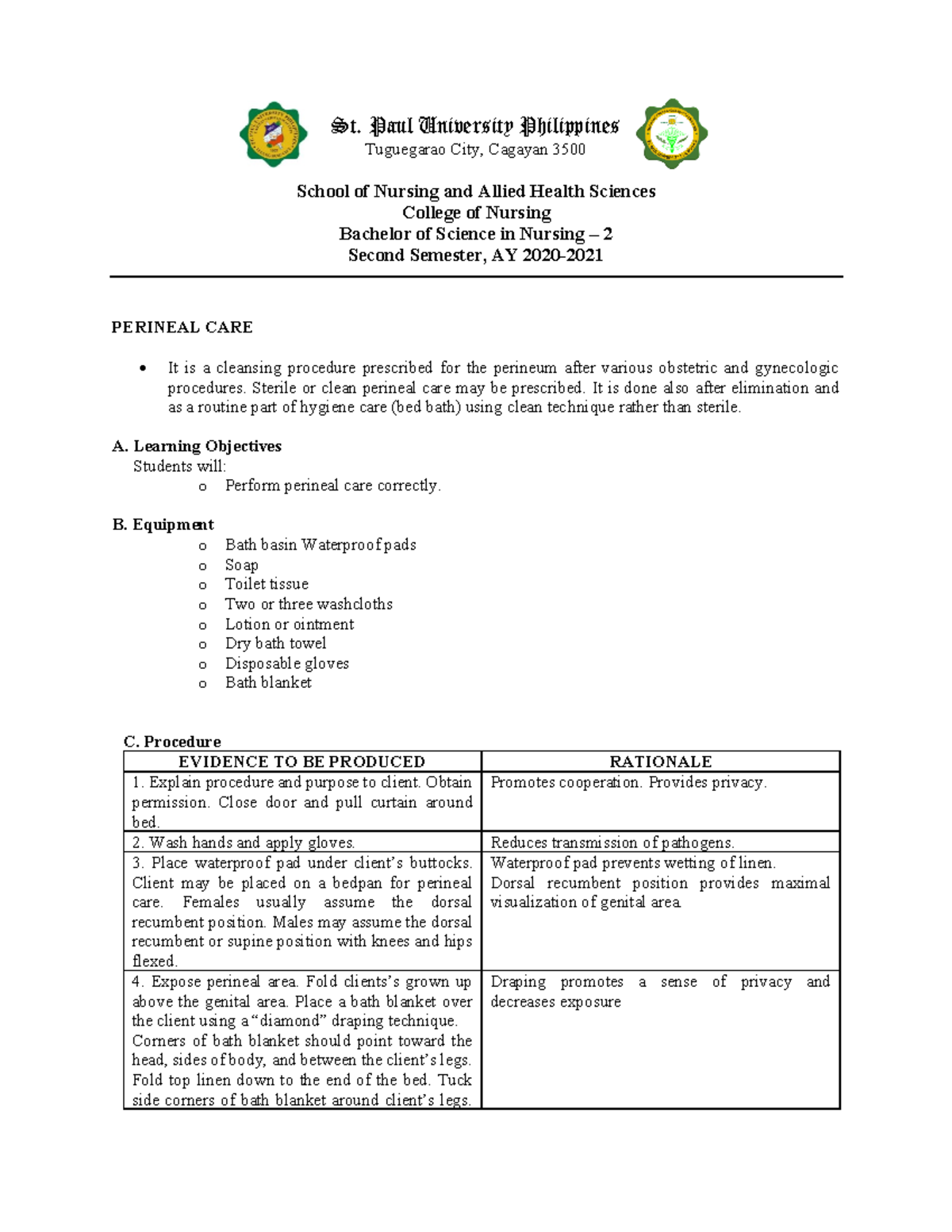 Perineal Care A.Y. 2020-2021 - St. Paul University Philippines ...