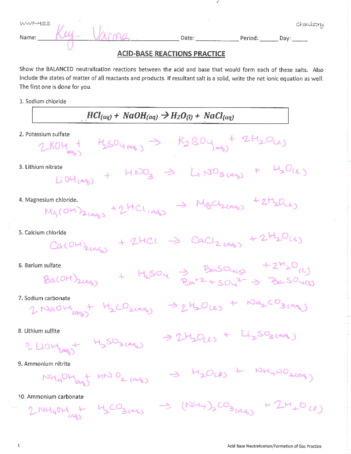 Acid-Base & Formation of Gas Practice Answer KEY - WWPE-HSS , | Name ...