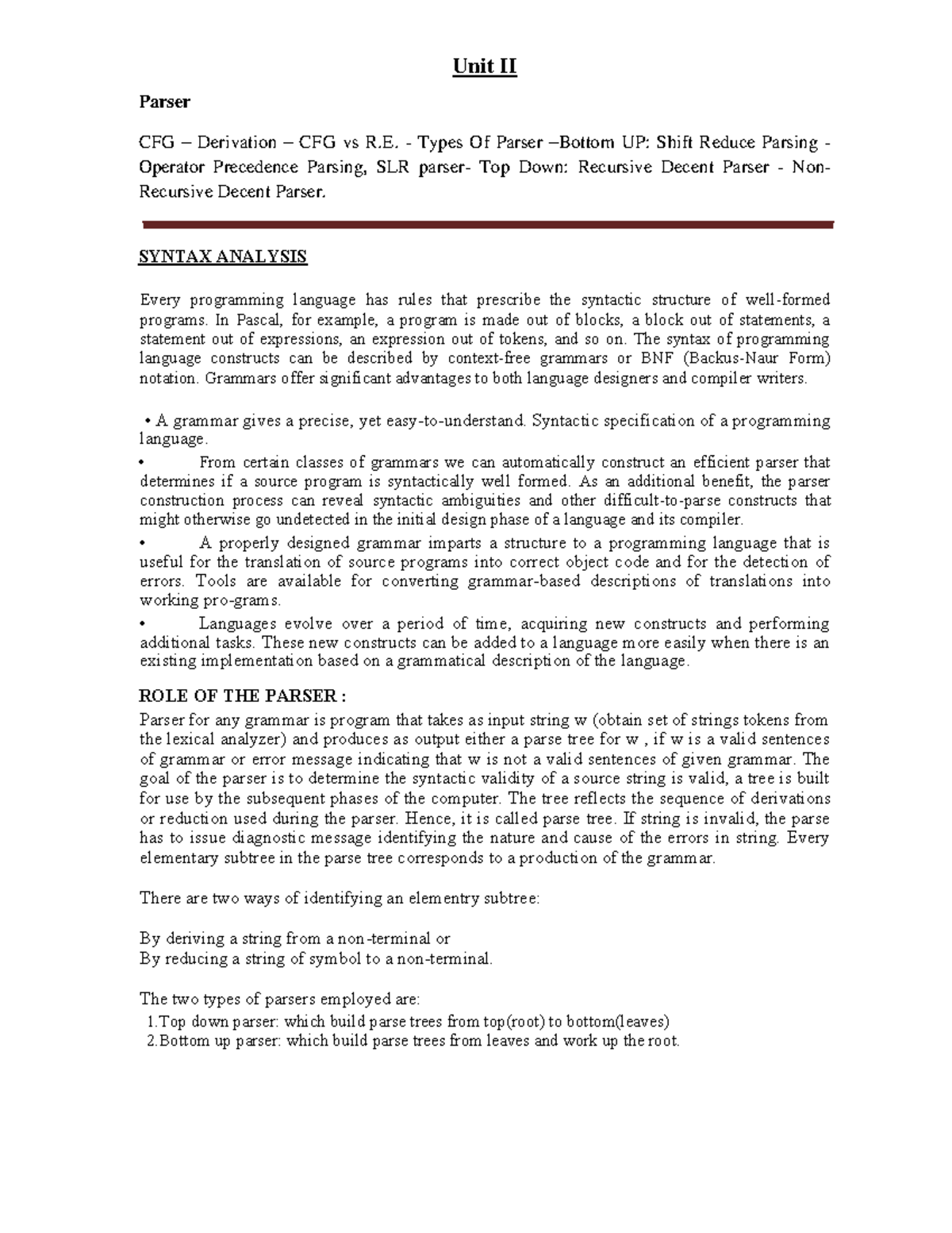 Parser Notes For Compiler Design Unit Ii Parser Cfg Derivation