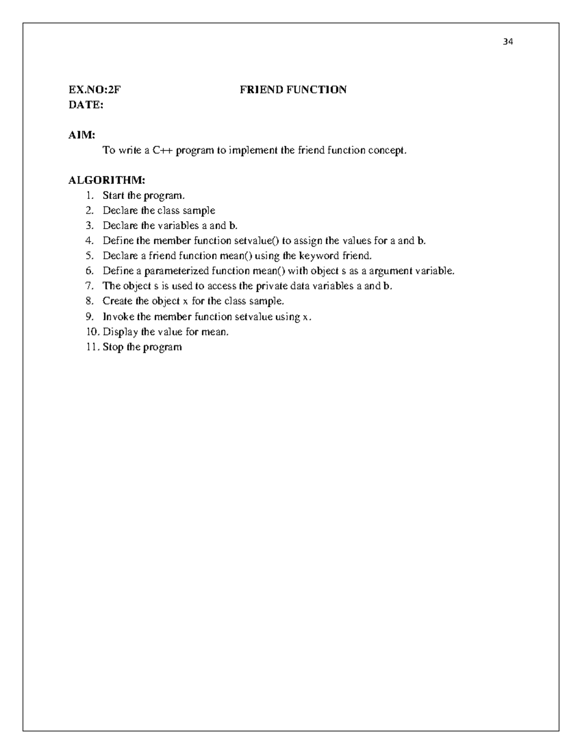Constant Data Member 34 Ex2f Friend Function Date Aim To Write A C Program To Implement