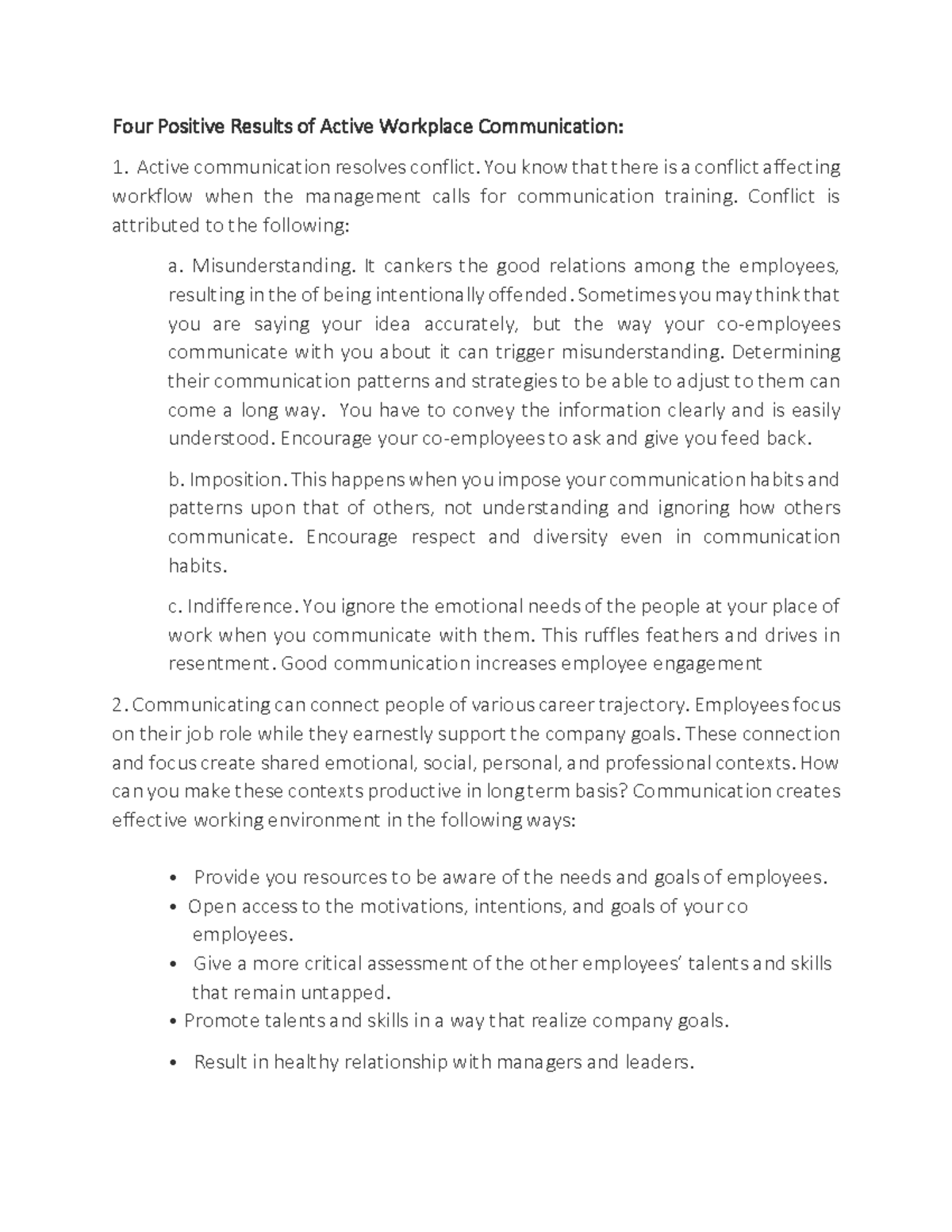 WEEK 5 Four Positive Results of Active Workplace Communication ...