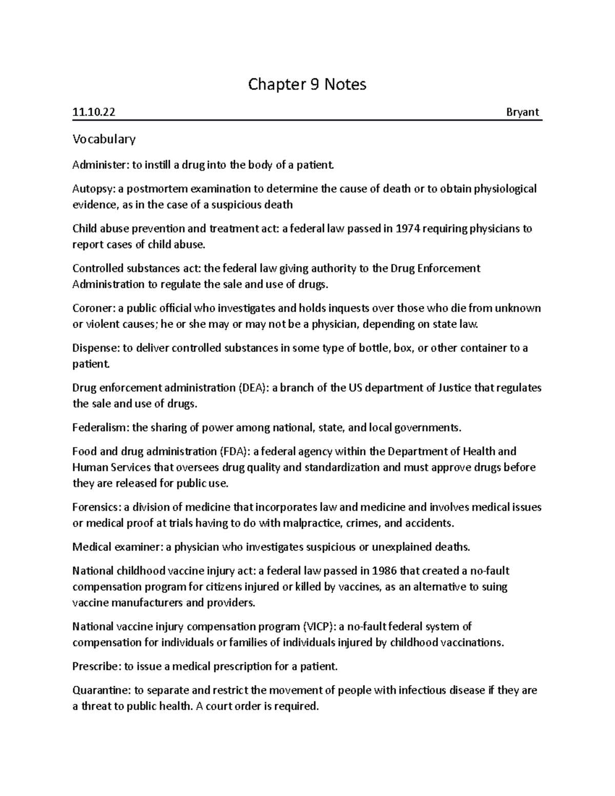 Chapter 9 Notes - Bryant - Chapter 9 Notes 11.10 Bryant Vocabulary ...