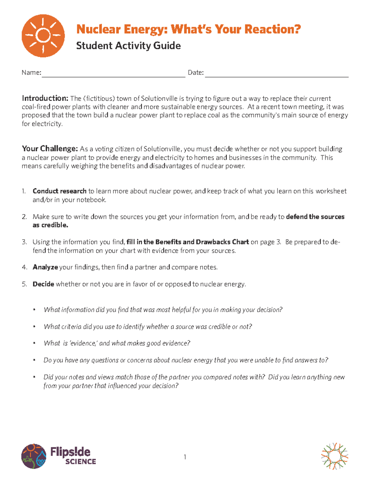 Flipsideenergy nuclearenergy studentactivityguide - 1 Name: Date ...