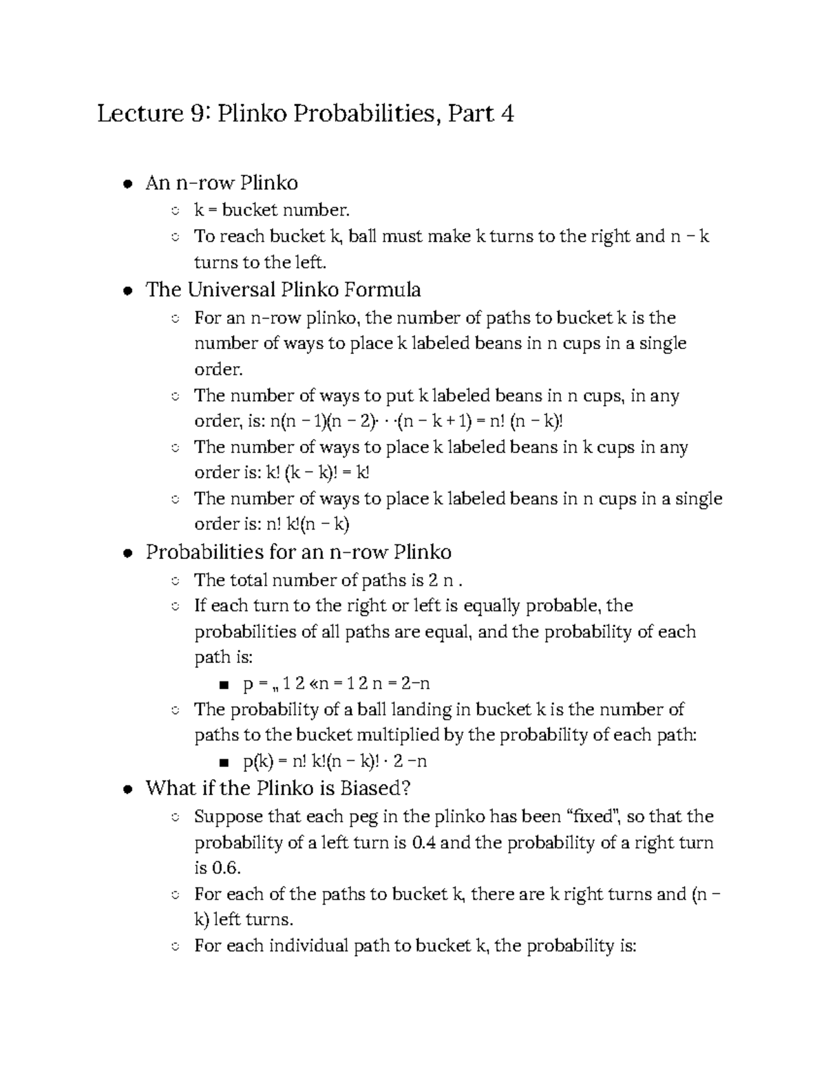 Biology 3550 Notes Lecture 9 9 12 - Lecture 9 Plinko Probabilities ...