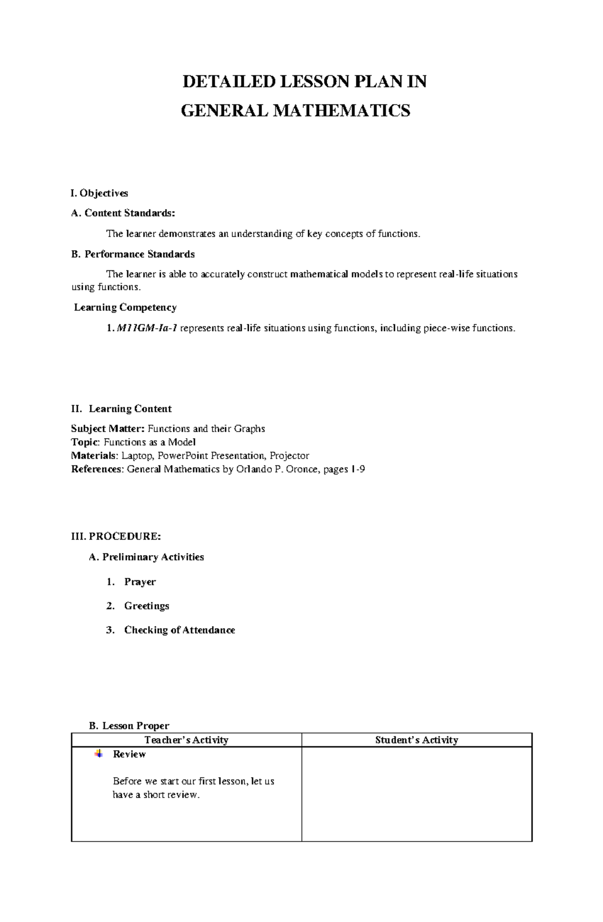A Detailed Lesson Plan In General Mathematics DETAILED LESSON PLAN IN 