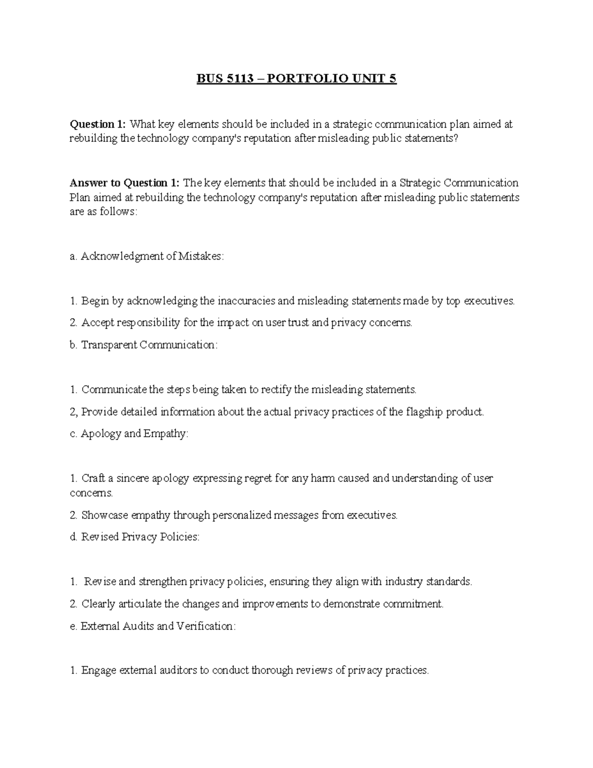 BUS 5113 - Portfolio Unit5 - BUS 5113 – PORTFOLIO UNIT 5 Question 1 ...