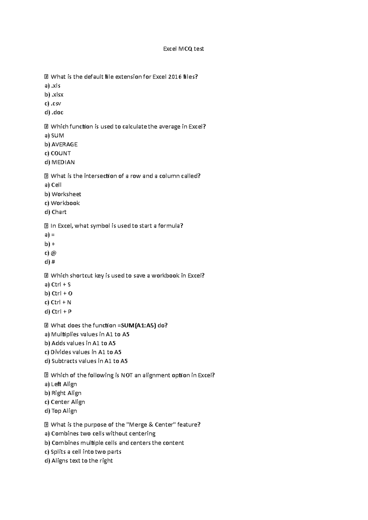 Excel MCQ test - Excel MCQ test What is the default file extension for ...