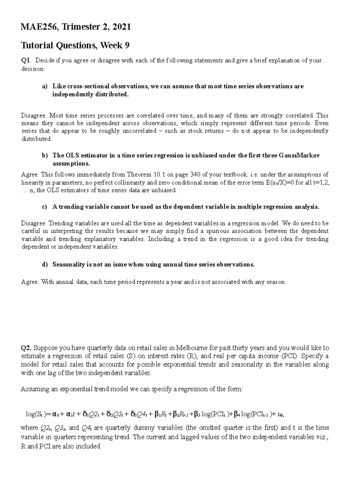Week 9 - week 9 content - MAE256, Trimester 2, 2021 Tutorial Questions ...