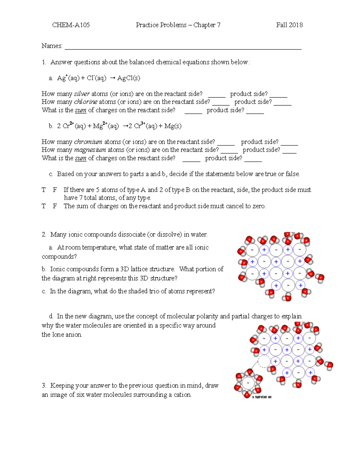 F18 CHEM A105 Practice Problems Ch07 - CHEM-A105 Practice Problems – Chapter 7 Fall 2018 Names ...